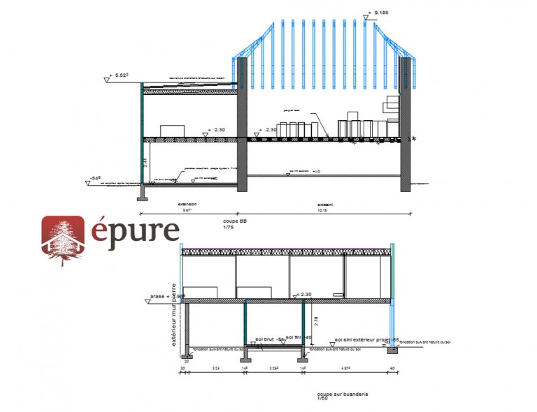 plan de coupe extension ossature bois agen d'aveyron - epure bois